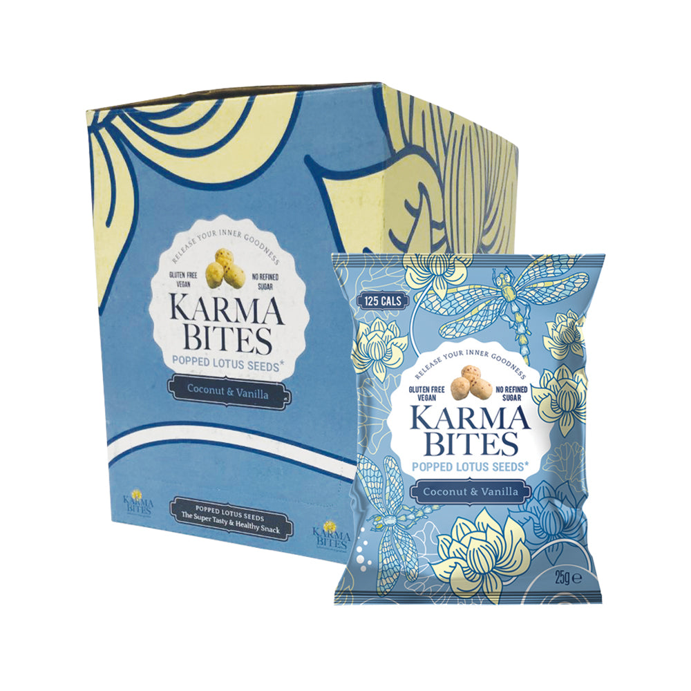 Karma Bites Popped Lotus Seeds Coconut Vanilla 25g X 5 Display